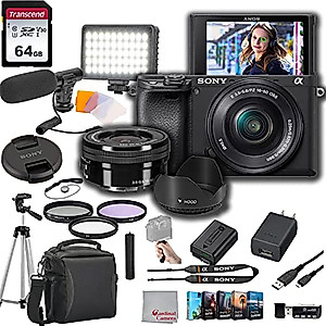 Sony a6400 Mirrorless Camera with 16-50mm Lens 64GB Memory,Videl Microphone, LED Video Light, Case. Tripod, Filters, Hood, Grip, & Professional Video & Photo Editing Software Kit