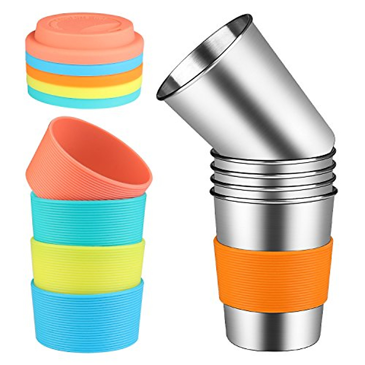 KEREDA Kids Stainless Steel Cups With Silicone Lids & Sleeves, 5 Pack 8 oz. Drinking Tumblers Eco-Friendly BPA-Free for Children and Toddlers, Adults