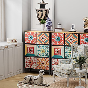 YILQQPER Dresser for Bedroom 8 Drawer Dressers & Chests of Drawers Tall Dresser Organizer Fabric Storage, Closet and Nursery Kids and Adult, Fabric Bins, Wood Top, Boho Colorful Painted