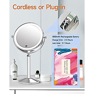 Lighted Makeup Mirror with Magnification, 1X 10X Magnifying Mirror with Light, 8'' HD Double Sided Tabletop Vanity Mirror, Rechargeable 3 Color LED Dimmable Desk Lit Cosmetic Mirror, Girl Women Gifts