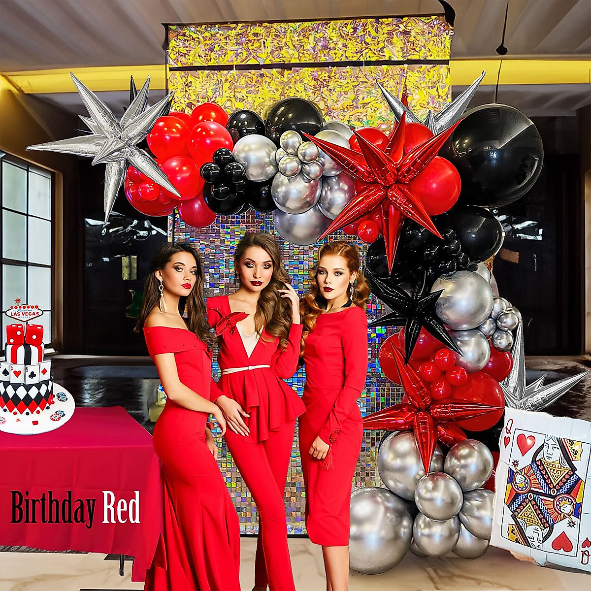 yeewaka black and red silver balloon garland arch kit 150pcs with Starburst Balloons for wedding Casino movie night theme birthday graduations prom 2024 new year eve Party decorations