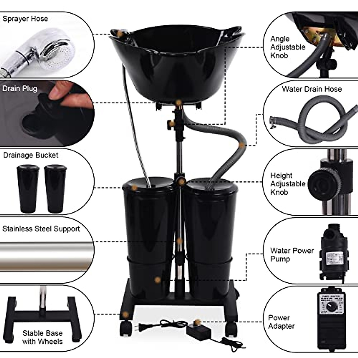 Paddie Portable Shampoo Bowl with Electric Pump and 2 Water Tanks, Portable Hair Washing Sink with Sprayer for Salon Home, Black