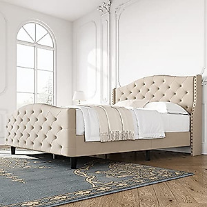 IDEALHOUSE Modern Upholstered Queen Bed Frame,Button Tufted Headboard and Footboard Design Solid Wooden Slat Support Easy Assembly,Beige (Queen)