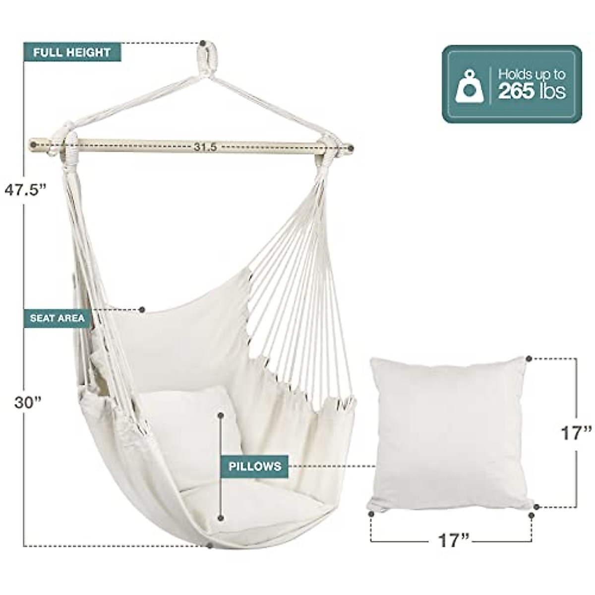Sorbus Stylish Swing Chair - Fine Cotton Weave for Super Comfort & Durability- Hanging Hammock Chair w/2 Seat Cushions- Portable Outdoor Hanging Chair w/Hardware Kit - Indoor Outdoor Use - Max 265lbs