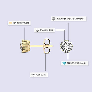 Diamond Stud Earring | 2 Carat IGI Certified Round Shape Lab Grown Diamond Stud | 18K in Yellow Gold | Circa Lab Diamond Stud Earrings | Prong Setting | FG-VS1-VS2 Quality | Friendly Diamonds
