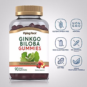 Piping Rock Ginkgo Biloba Supplements | 90 Gummies | Peach Raspberry Flavor | Vegan, Non-GMO, Gluten Free Extract