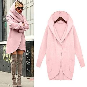 DONTAL Women Woolen Hooded Thin Coat Loose Ladies Casual Hoodies Jacket Overcoat Top Pink