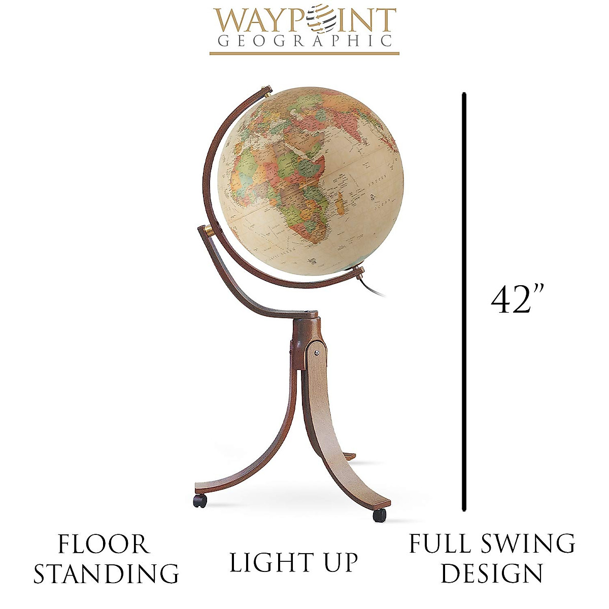 Waypoint Geographic Emily Globe, 20” Illuminated Decorative Globe, Floor-Standing World Globe For Library or Office Decor, Antique