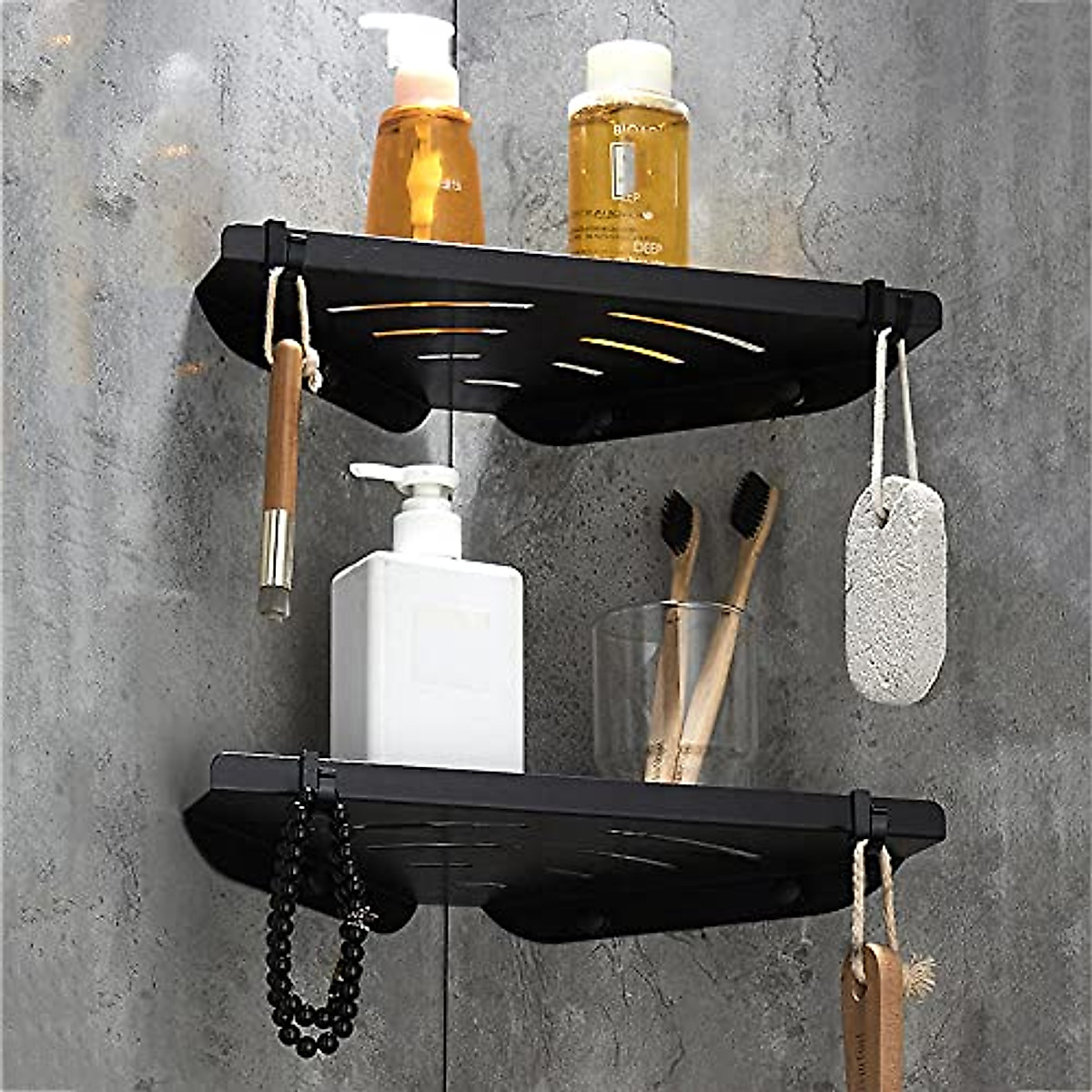 FVRTFT Shower Caddy Corner Shower Shelves Wall Mounted Shower Rack with hook Black No Drilling Self Adhesive space aluminum for bathroom-2 tier