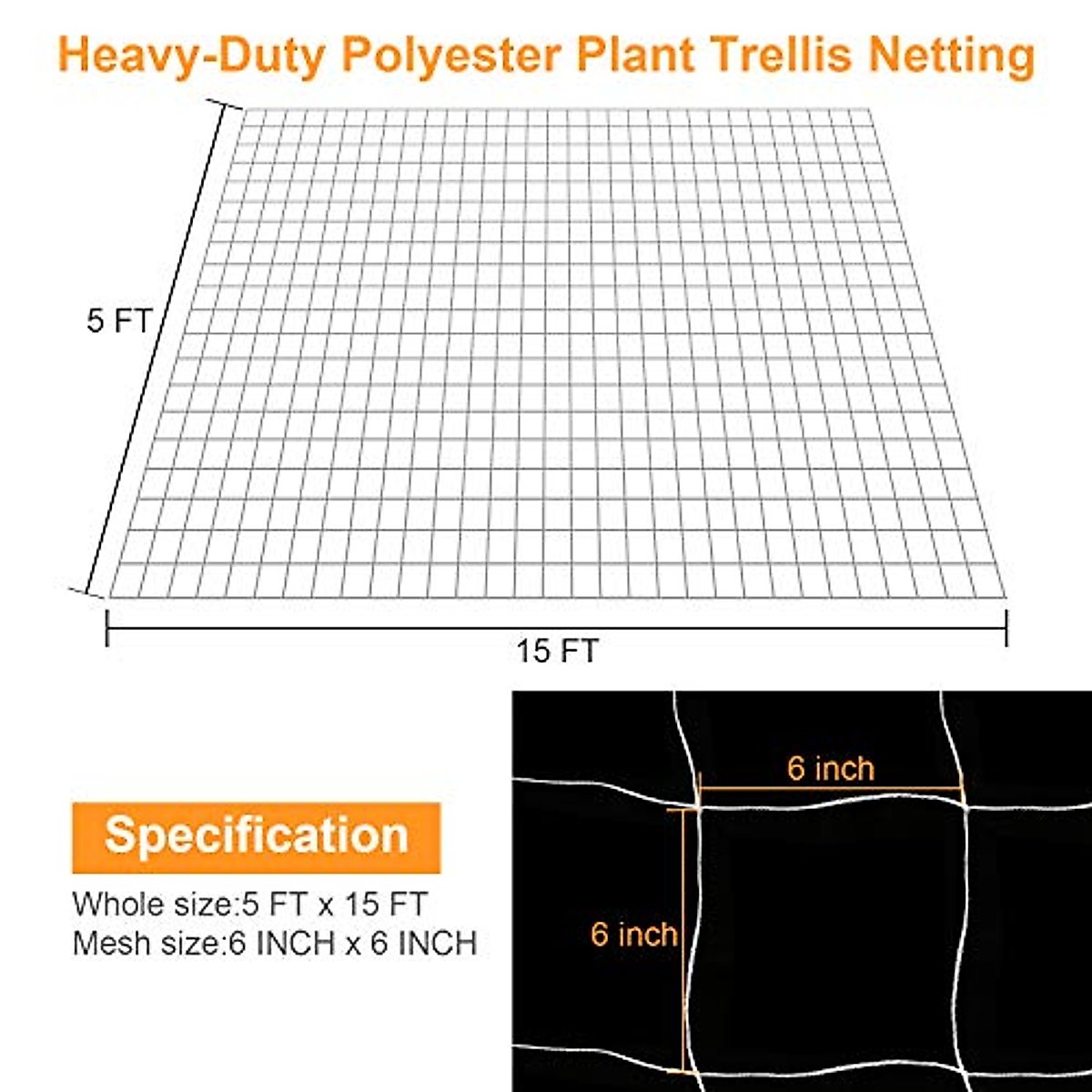 BetyBedy 5 x 15FT Trellis Netting, Heavy-Duty Polyester Plant Trellis Netting, Square Mesh Net for Climbing Plant, Fruits, Vegetables, Vines, Grow Tents (1 Pack, White)