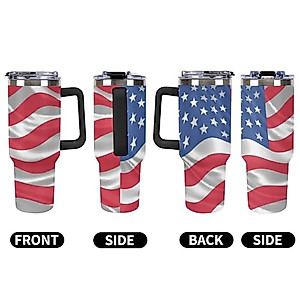 Stainless Steel Cups Red Blue White American Flag, Handle Tumbler Cup with Rubber Ring and Straw, Funny Water Bottle for Women and Men Outdoor Travel