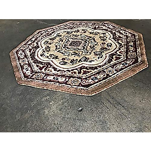Traditional Octagon Persian Rug Beige Brown Burgundy & Black Design 520 (4 Feet X 4 Feet)