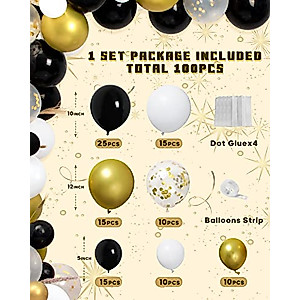MOMOHOO Black and Gold Balloons Garland - 100Pcs 12/10/5" Gold Black White Balloons Confetti Balloons, New Year Balloons Graduation Balloons Latex Balloon for Graduation, Metallic Gold Birthday Ballon
