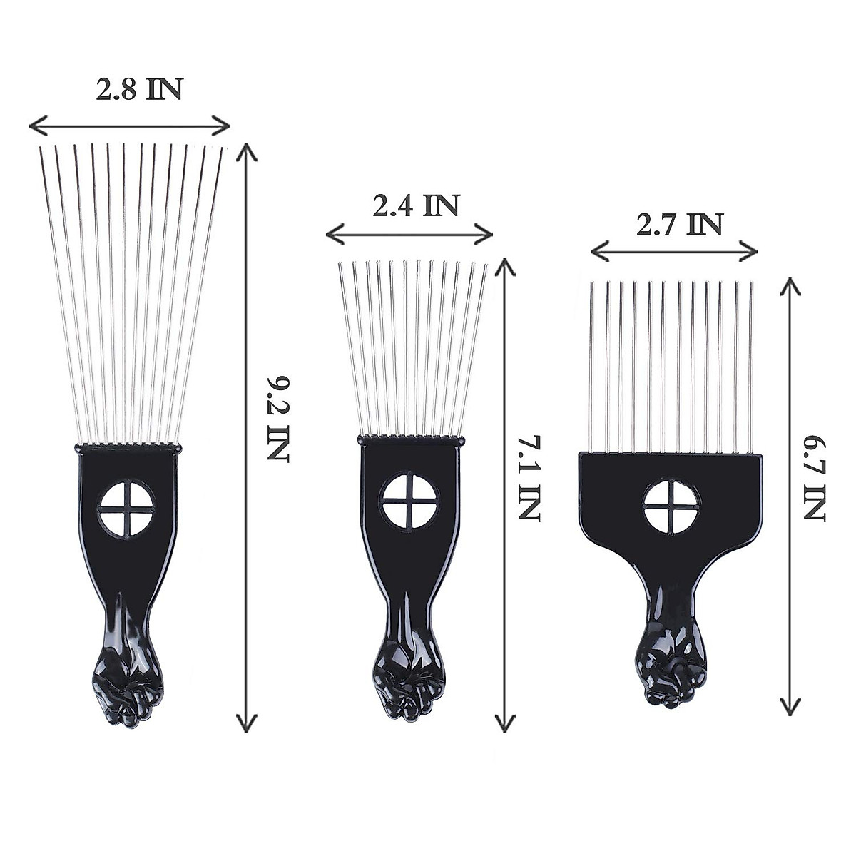 LEADUWAY 3 Pcs Hair Pick, Metal Picks for Afro Hair, Hair Picks for Women and Men, Afro Combs, Fist Pick for Hair, Hair Comb for Hair Styling Black