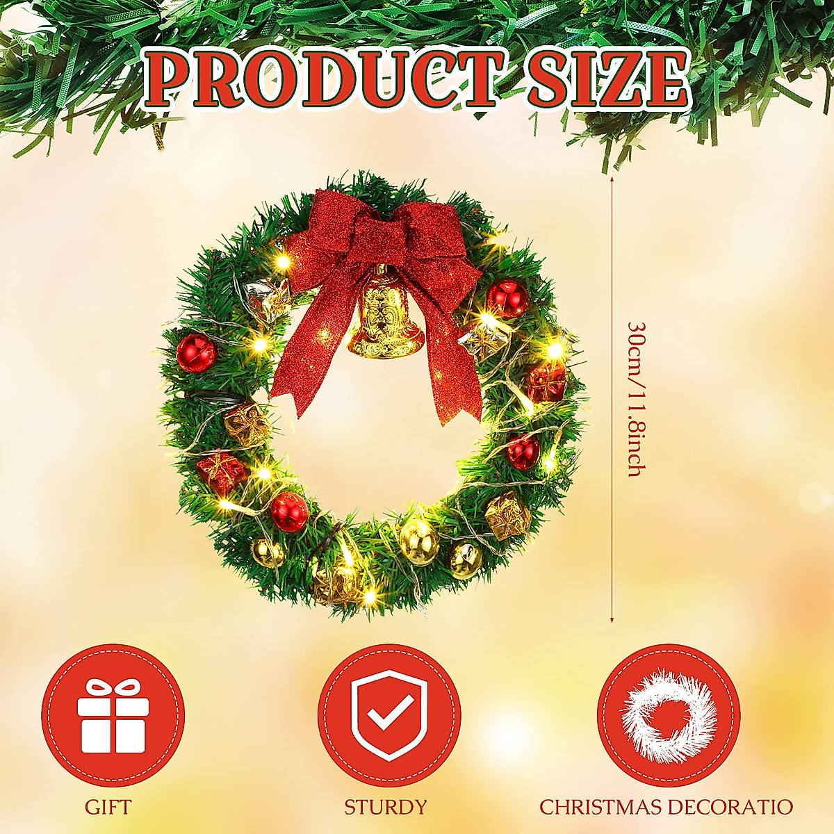 Datanly Christmas Car Wreath Decorative LED Lighted Car Wreath Bell Red Bow Wreath Christmas Decorations for Car Truck SUV Mounting Equipment, 11.8 Inches