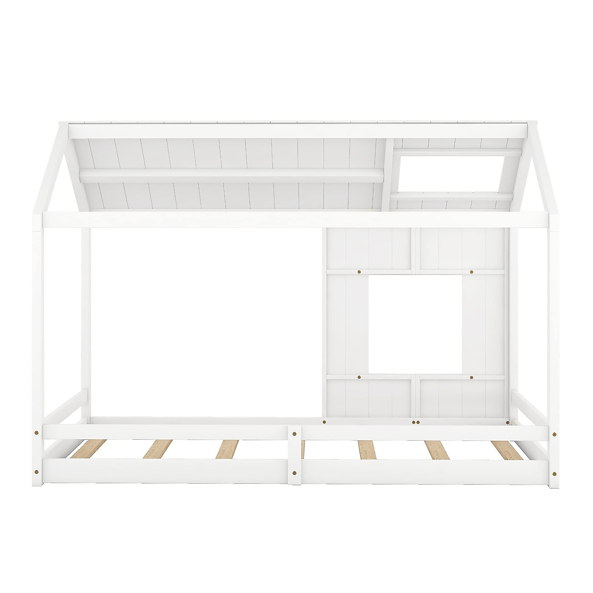 Twin House Bed, Montessori Bed Twin Size Floor Bed with Rails and Roof, Window, Solid Wood Platform Bed Frame with Slats, for Kids Teens Girls Boys (Twin Size, White)