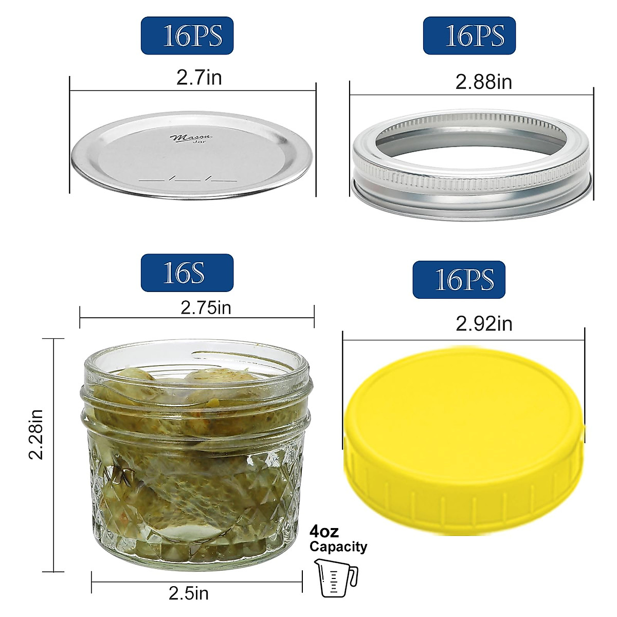 Datttcc 4 oz Mason Jars, Mini Glass Jars, Small Mason Jars with Silver and Yellow Lids for Honey, Jams, Seasonings, for Kitchen, Bathroom, Gift Giving, Pack of 16
