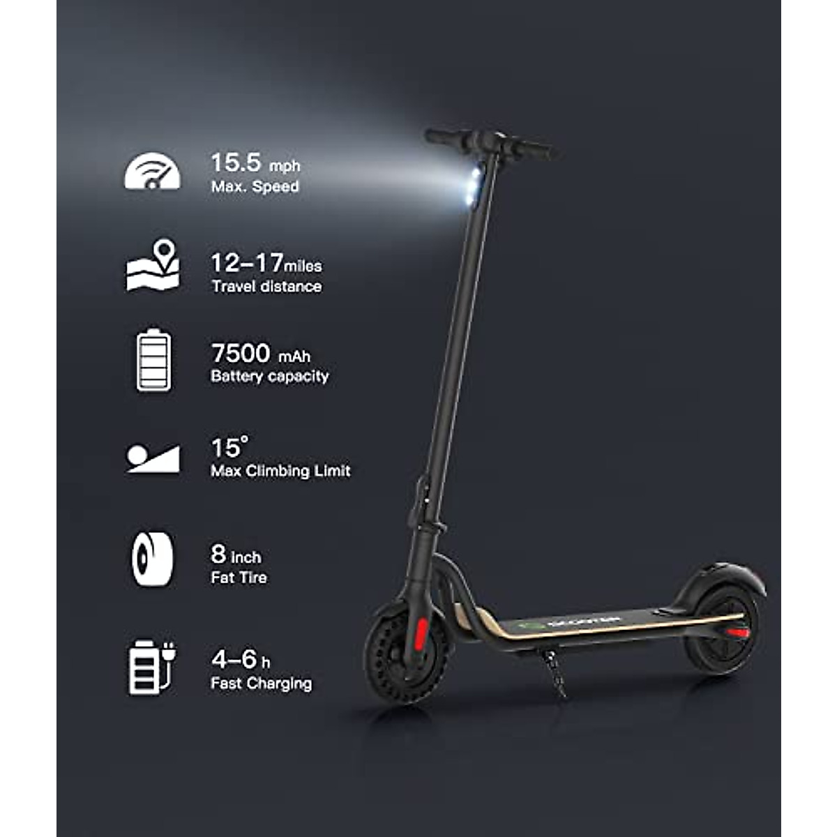 MEGAWHEELS Electric Scooter, 3 Gears, Max Speed 15.5 MPH, Up to 17 Miles Rang 7.5 Ah Powerful Battery with 8'' Tires Foldable Scooter for Adults Longer Deck, Load 265 lbs