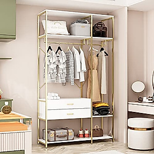 Homsee Extra Tall Clothes Rack, Heavy Duty Closet Garment Rack with Shelves and Drawers, Freestanding Metal Closet Organizer Wardrobe with Hanging Rods for Hanging Clothes, White & Gold