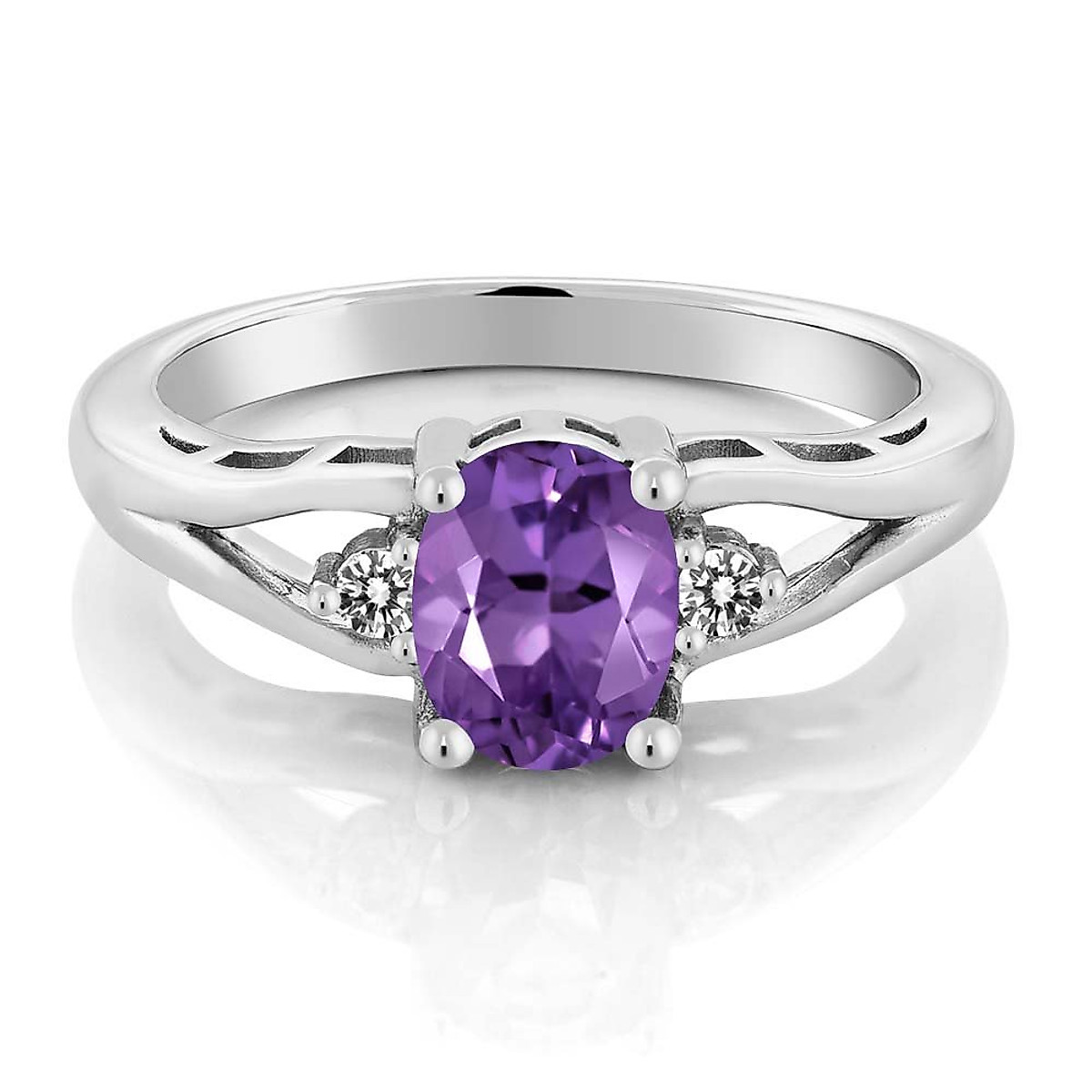 Gem Stone King 925 Sterling Silver Purple Amethyst and White Diamond 3 Stone Engagement Ring For Women | 1.16 Cttw | Oval 8X6MM | Round 2MM | Gemstone February Birthstone | Size 7