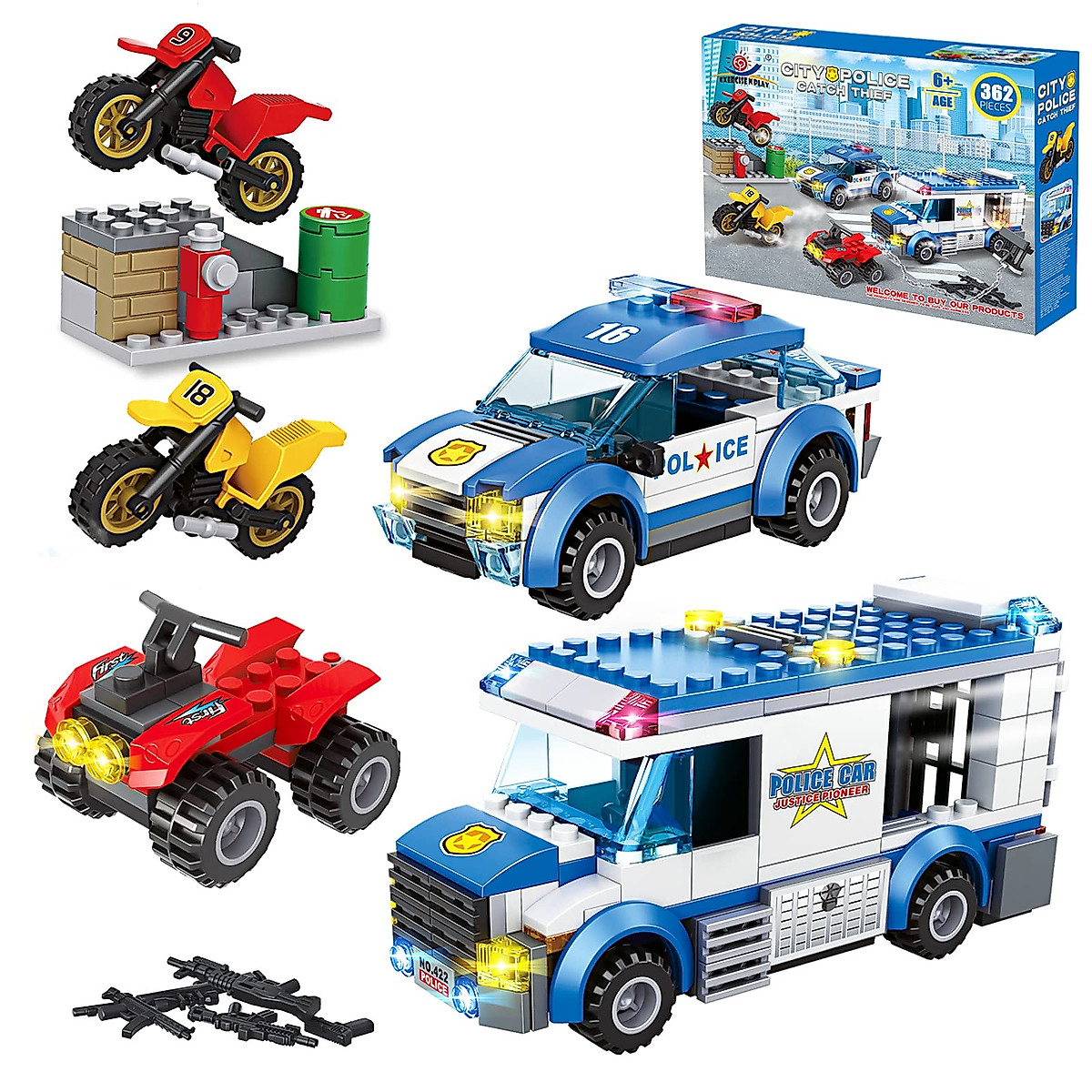 City Police Building Blocks Set, Cop Cars Toy Kit with Truck, Motorcycle & SUV Vehicles, Highway Arrest & Prisoner Transport Toys, 2022 STEM Xmas Birthday Gift for Boys 6-12 Year Old Kids (362 Pieces)
