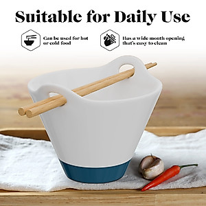 American Atelier Ramen Bowl with Chopsticks | Miso Soup, Udon Noodle Bowls for Kitchen | Stoneware Soup Bowl (25 Oz) | White & Blue with Built-in Handles/Chopstick Rest