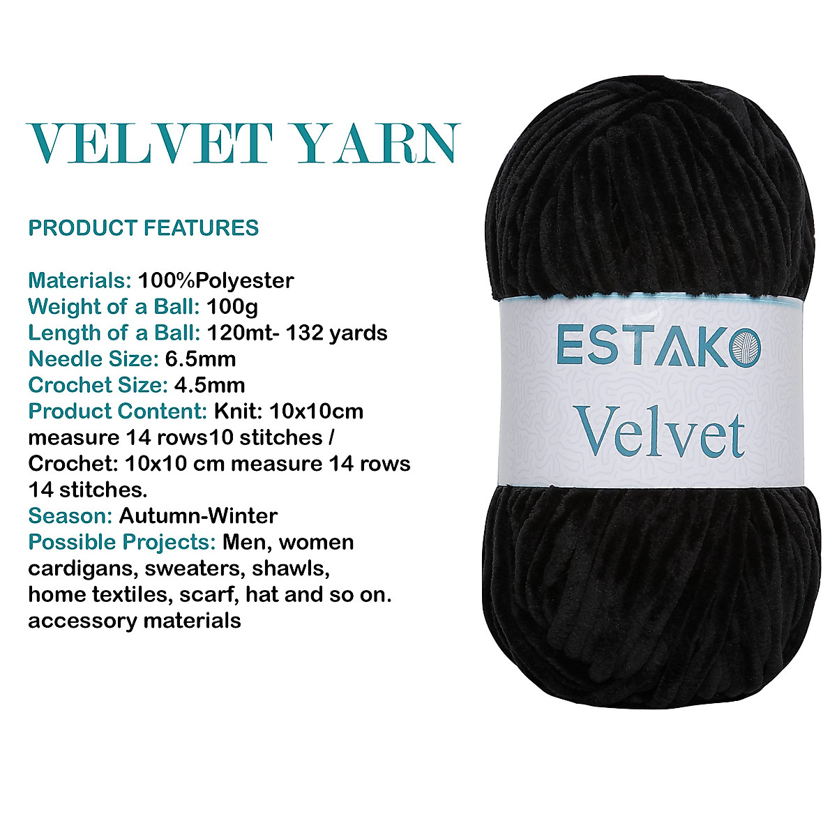 Estako Velvet Chenille Blanket amigurumi Yarn for Crocheting and Knitting Super Bulky 100 gr (132 yds) (1810 - Black)