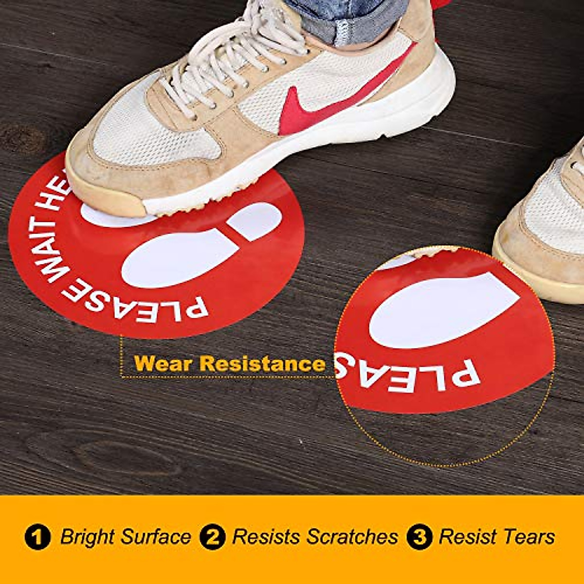 20 Pieces Social Floor Sticker Removable Stop Feet Apart Stand Safety Sign Marker Please Wait Here Footprint Decal for Supermarket, Grocery Store, Cafe Office, Hospital, 8 Inch (Red)