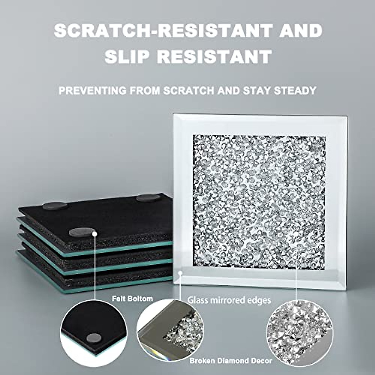 ToPToToo Mirrored Coaster for Drinks，Crushed Diamond Cup Coasters 4 Pack with Holder,Crystal Glass Round Coasters for Coffee Table Decor on Tabletop(4 X 4Inch)