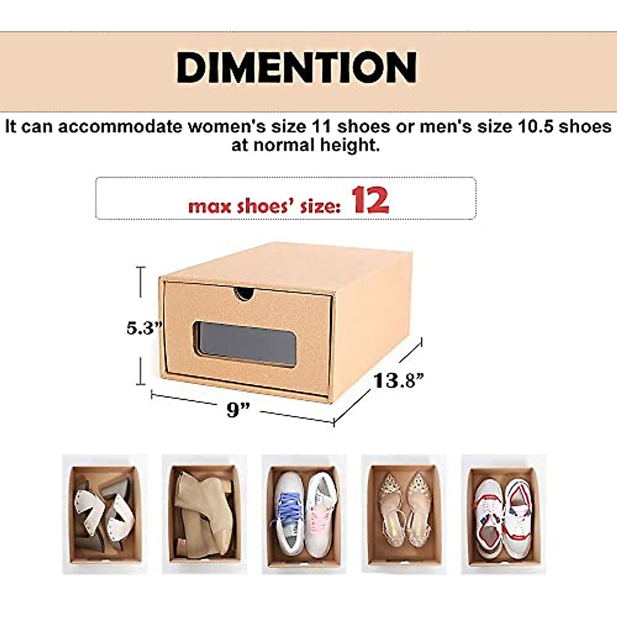 MYOYAY 10 Pcs Shoe Box Cardboard 13.7 x 9 x5.3 Shoe Boxes with Transparent Window Waterproof Stackable Storage Boxes Shoe Organizer for Shoes, Socks, Stationery, Toys, Underwear