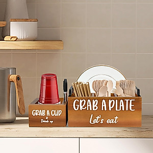 MEMOORIAL Paper Plate Dispenser, Kitchen Countertop Paper Plate Holder, Wood Rustic Silverware Utensil Caddy, Disposable Dish and Cup Holder Utensil Caddy for Kitchen, Party, BBQ