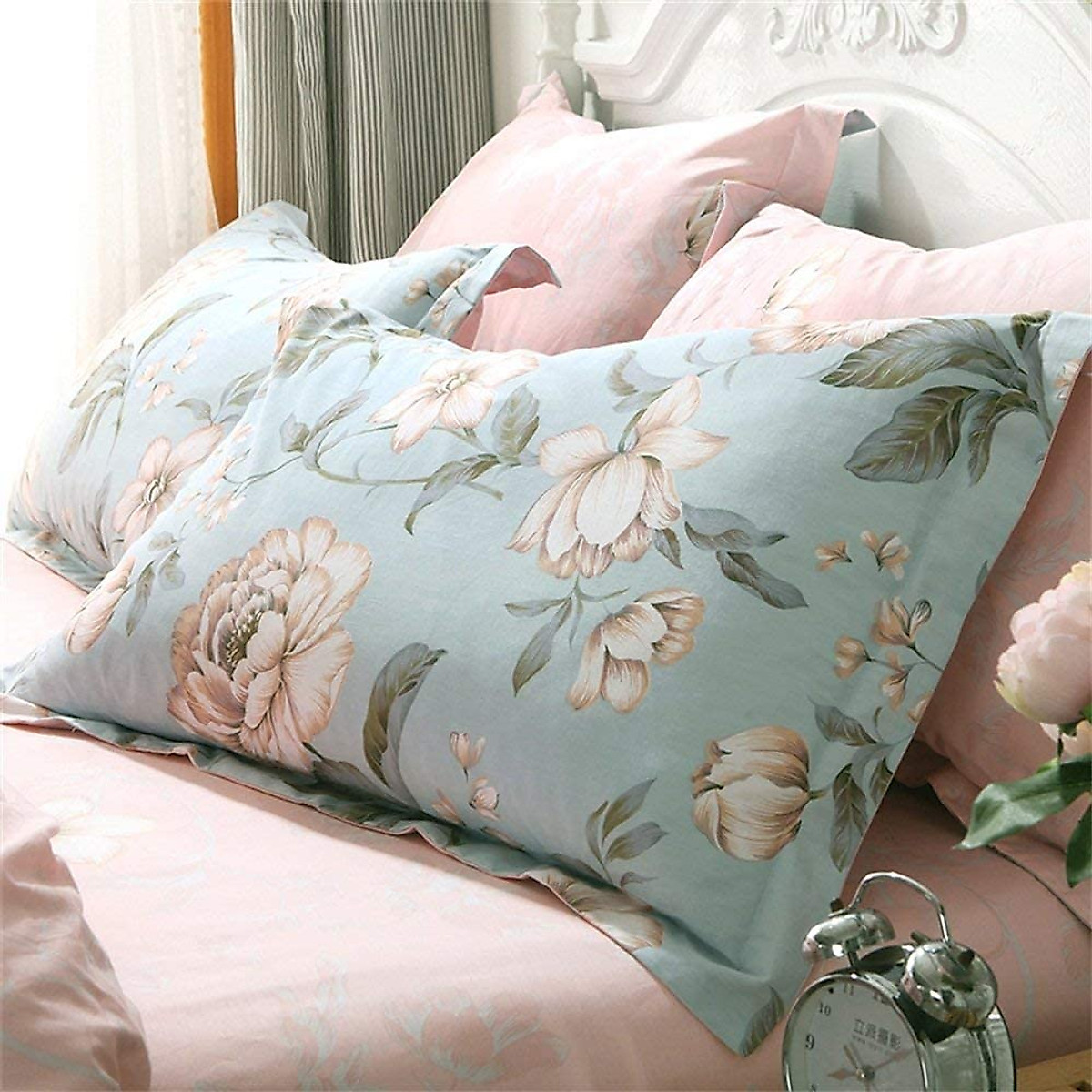 FADFAY Floral Duvet Cover Set 100% Combed Cotton Bedding Sets Reversible Zipper Bedding Chic Floral Bed Sheets (4-Piece, Full Size, 1 Duvet Cover, 1 Flat Sheet, 2 Pillowcases)