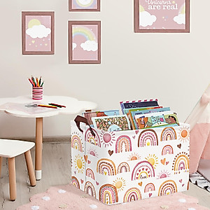 Clastyle Boho Pink Purple Rainbow Storage Baskets Rectangular Sun Heart White Shelf Basket with Handle Clothes Books Toys Storage Bin for Bedroom Kindergarten