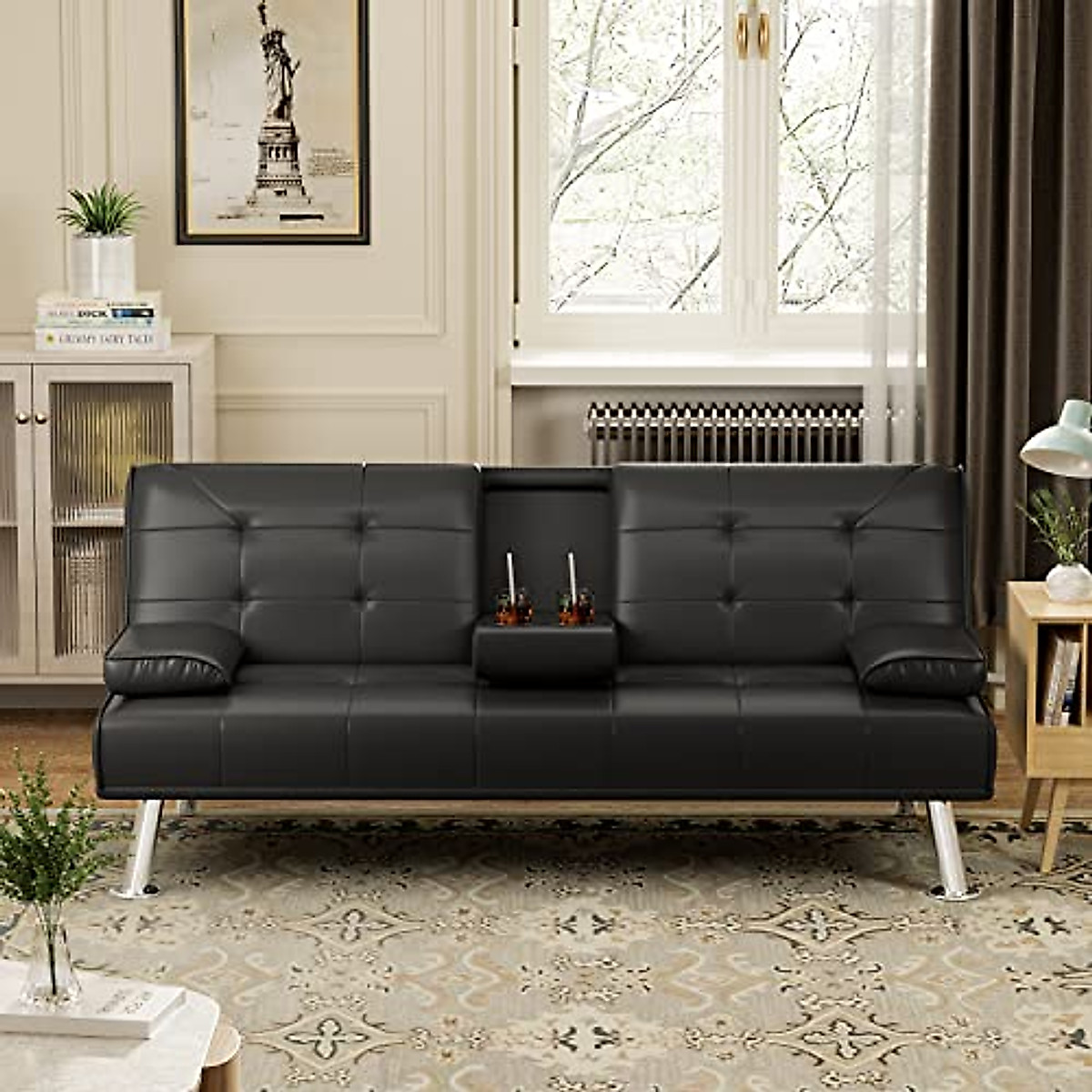 YESHOMY Convertible Folding Futon Sofa Bed Sleeper Couch for Living Room Faux Leather Upholstered Loveseat w/Removable Armrests, Metal Legs, 2 Cup Holders, Dark Black