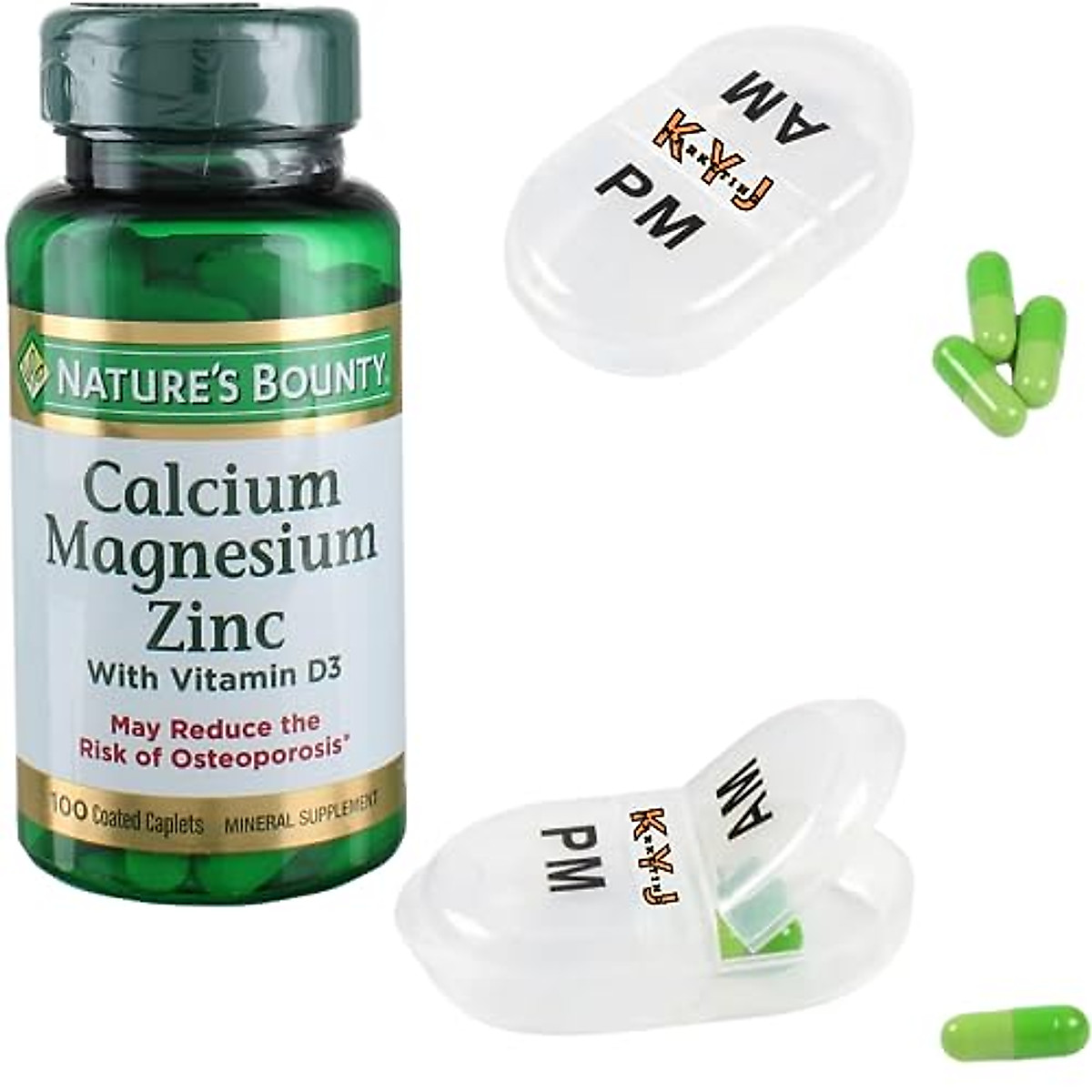Nature's Bounty Calcium Magnesium Zinc with Vitamin D3 Caplets - 100 Count - Bonus: AM-PM Small Pocket Mini Pill Case