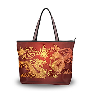 Golden Dragons Tote Bag Aesthetic, Large Capacity Zipper Women Grocery Bags Purse for Daily Life 2 Sizes