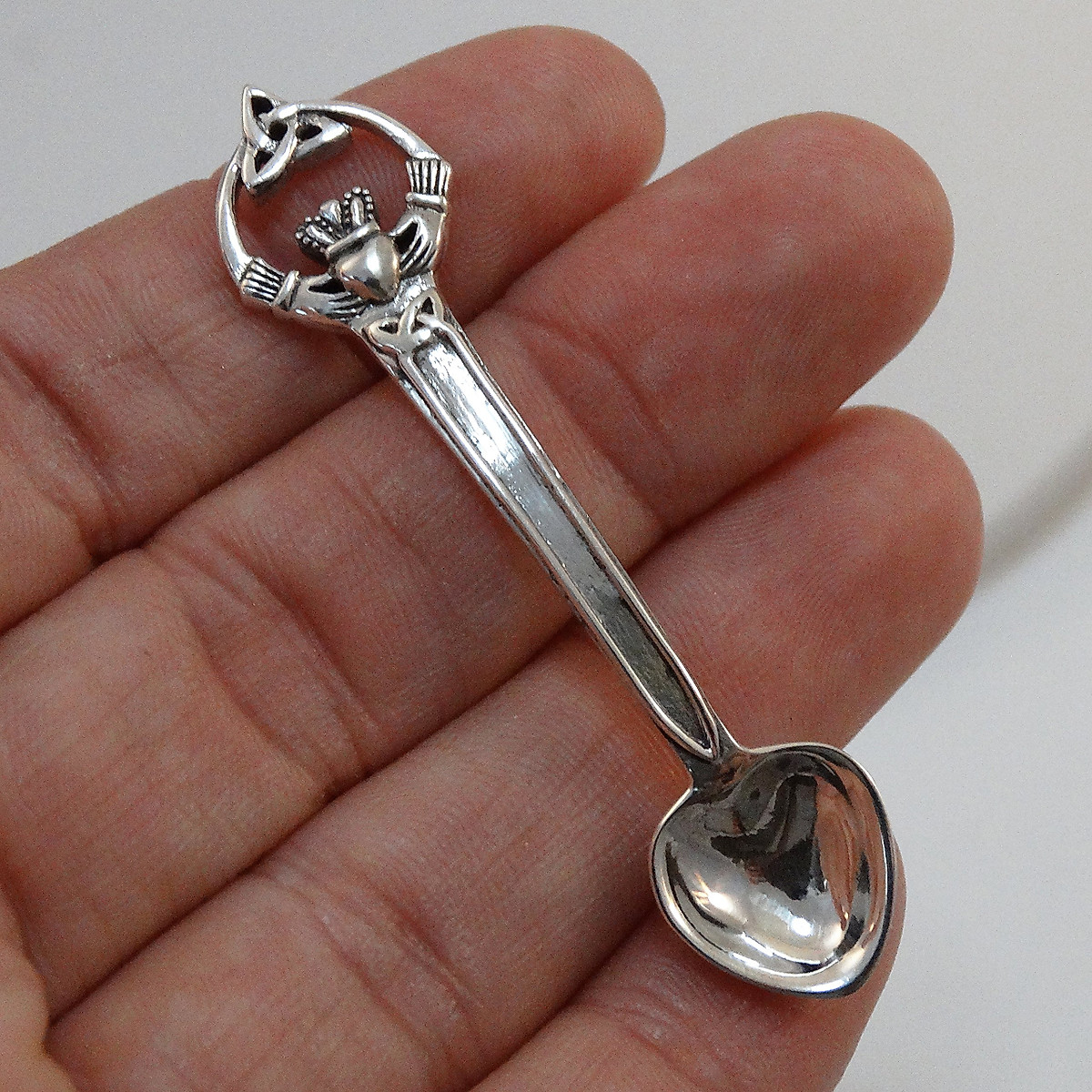 Sterling Silver Irish Claddagh Salt Spoon or Mustard Spoon, Celtic Trinity Knot