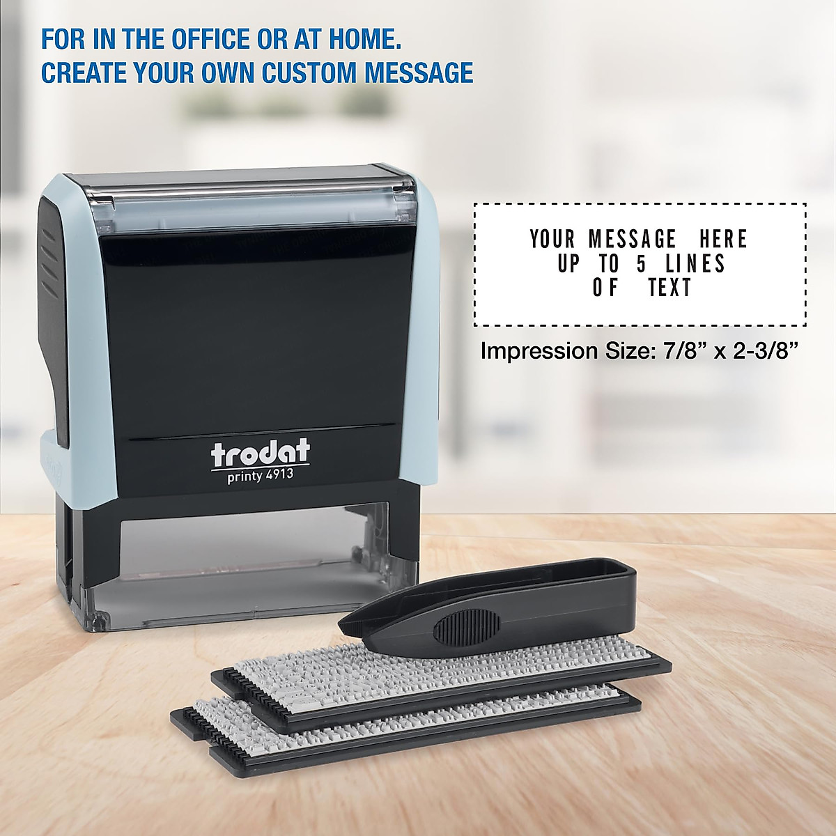 Trodat Printy 4913 Self Inking Pastel Blue DIY Stamp Kit with Black Ink – 5 Lines, Impression Size: 7/8” x 2-3/8” inch