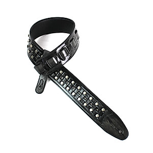 Walker & Williams DLX-215 Antiqued Black Finish Padded Guitar Strap with Metal Studs For Acoustic, Electric, And Bass Guitars