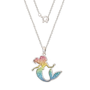 Disney Jewelry for Women, Princess Ariel Rainbow Glitter Pendant Necklace, Silver Plated, 18”