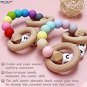 Personalized Name Baby Keepsake Rattle Teether for Boys Baby Shower - Silicone Sensory Teething Bracelet with Chewable Beads for Babies, Infants, Toddler, Kids(Grey)