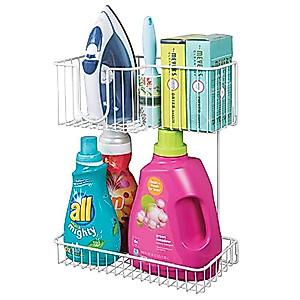 mDesign Metal Wire Wall Mount Laundry Room Storage Organizer, 2 Levels - Large Basket Holds Iron, Lower Shelf Holds Laundry Detergent, Fabric Softener, Stain Remover - White