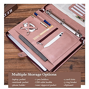 Geslun Vegan Leather Portfolio 3 Ring Binder with Clipboard, Hidden Handle, 8.5 x 11 Zippered Padfolio, Business Organizer Professional Executive Folio for Women, Pink