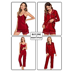 SWOMOG Womens 4pcs Pajamas Sets Silk Satin Pjs Sexy Cami Shorts Set Button Down Long Sleeve Sleepwear Loungewear, Red Medium