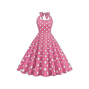 Lchiji Women Pink Gingham Swing Dress Vintage 1950s Cocktail Party Midi Dress Halter Neck Plaid A-Line Dress (Halter 2-Pink, M)