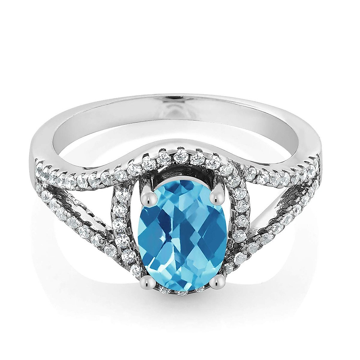 Gem Stone King 925 Sterling Silver Oval Checkerboard Swiss Blue Topaz Gemstone Birthstone Ring 2.01 cttw (Size 5)