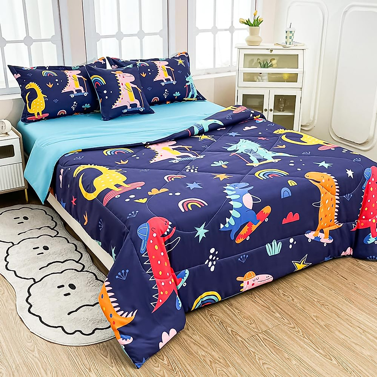 Megamayga Dinosaur Bedding Full Size for Boys 6 Pieces Dinosaur Comforter Set Full for Kids Bed in A Bag Comforter Set with Blue Sheets Stars Rainbow Print 3D Dino Bedding Skateboard Dinosaur Bed Set