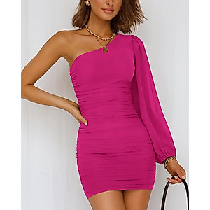 BTFBM Women One Shoulder Ruched Bodycon Mini Dress Puff Long Sleeve 2025 Summer Fall Club Party Cocktail Short Dresses(Solid Rose Red, Small)