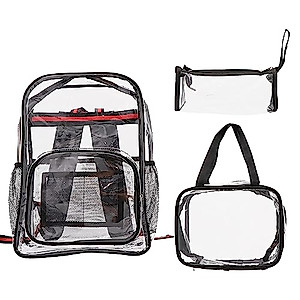 DZLUSJ 3Pcs Clear Backpack Set With Lunch Bag Pencil Case Pouch Heavy Duty Thick PVC Transparent Backpack for Kids and Fans Back to School Supplies(Black)