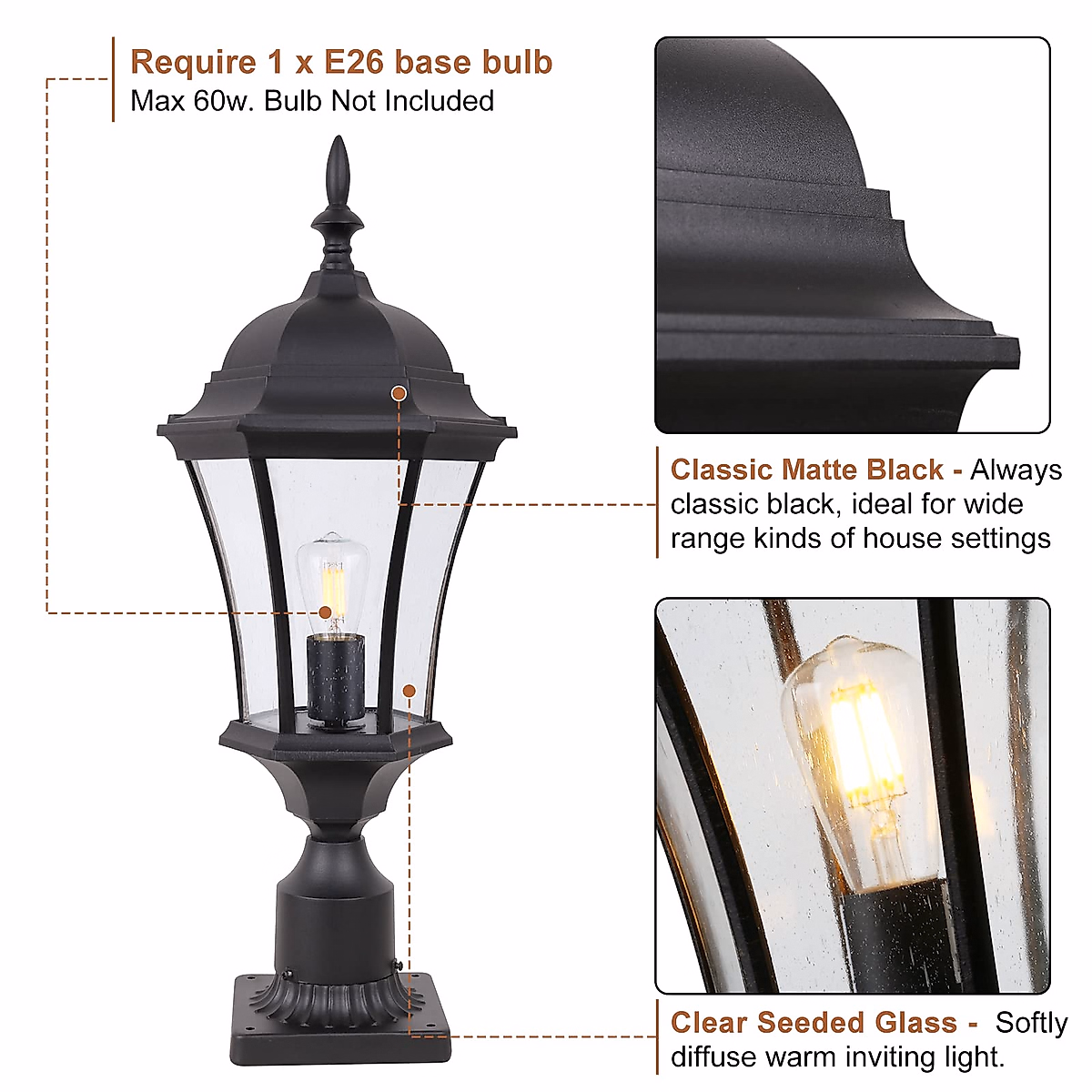 GOALPLUS 24" Aluminum Outdoor Post Light with 3" Fitter Base for Post Pole Mount, 2 Pack Black Exterior Pole Lantern Lights with Seeded Glass, Large Outside Post Lamp for Yard Garden